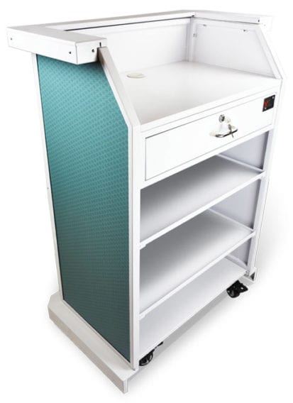 Shelf options for the Deluxe Hostess stand in white frame